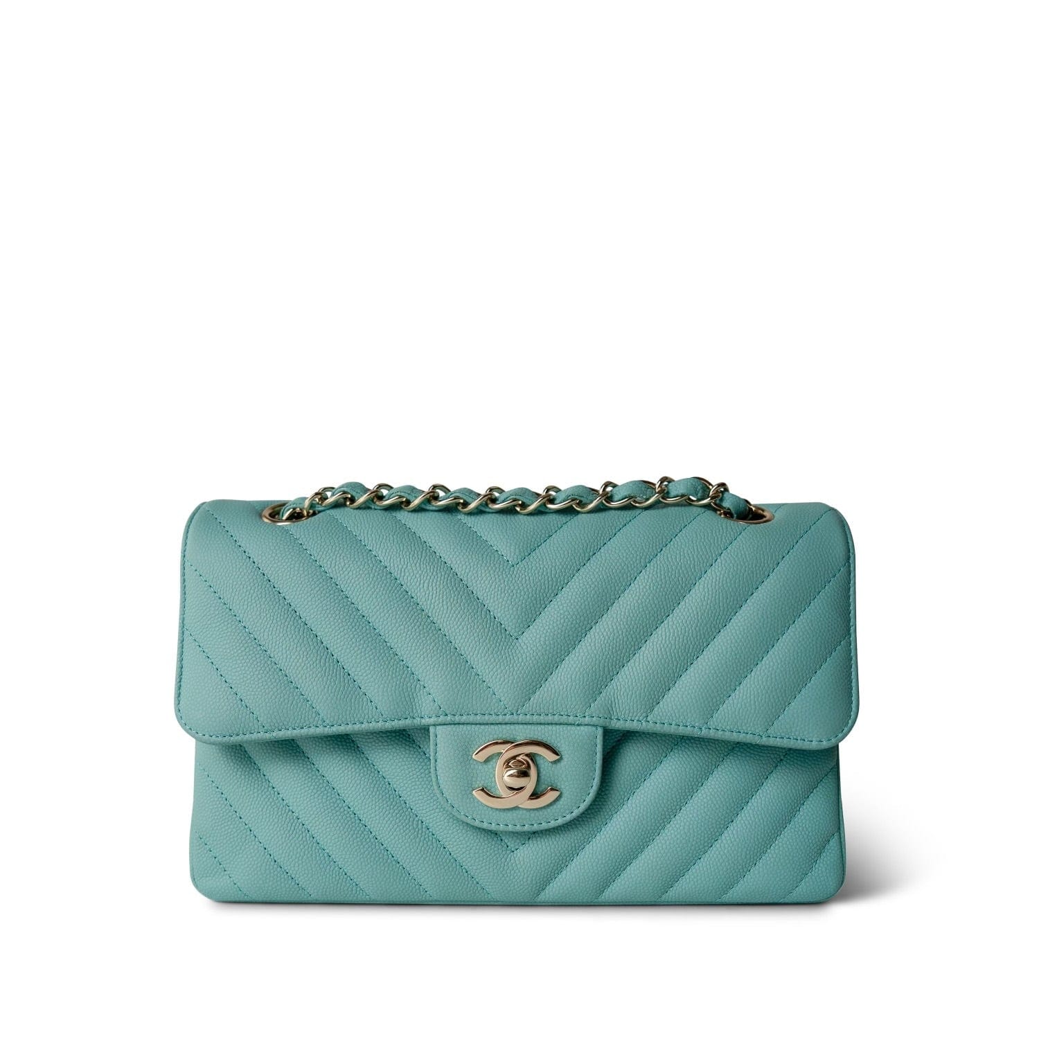 Tiffany Blue Caviar Chevron Quilted Classic Flap Small LGHW – REDELUXE