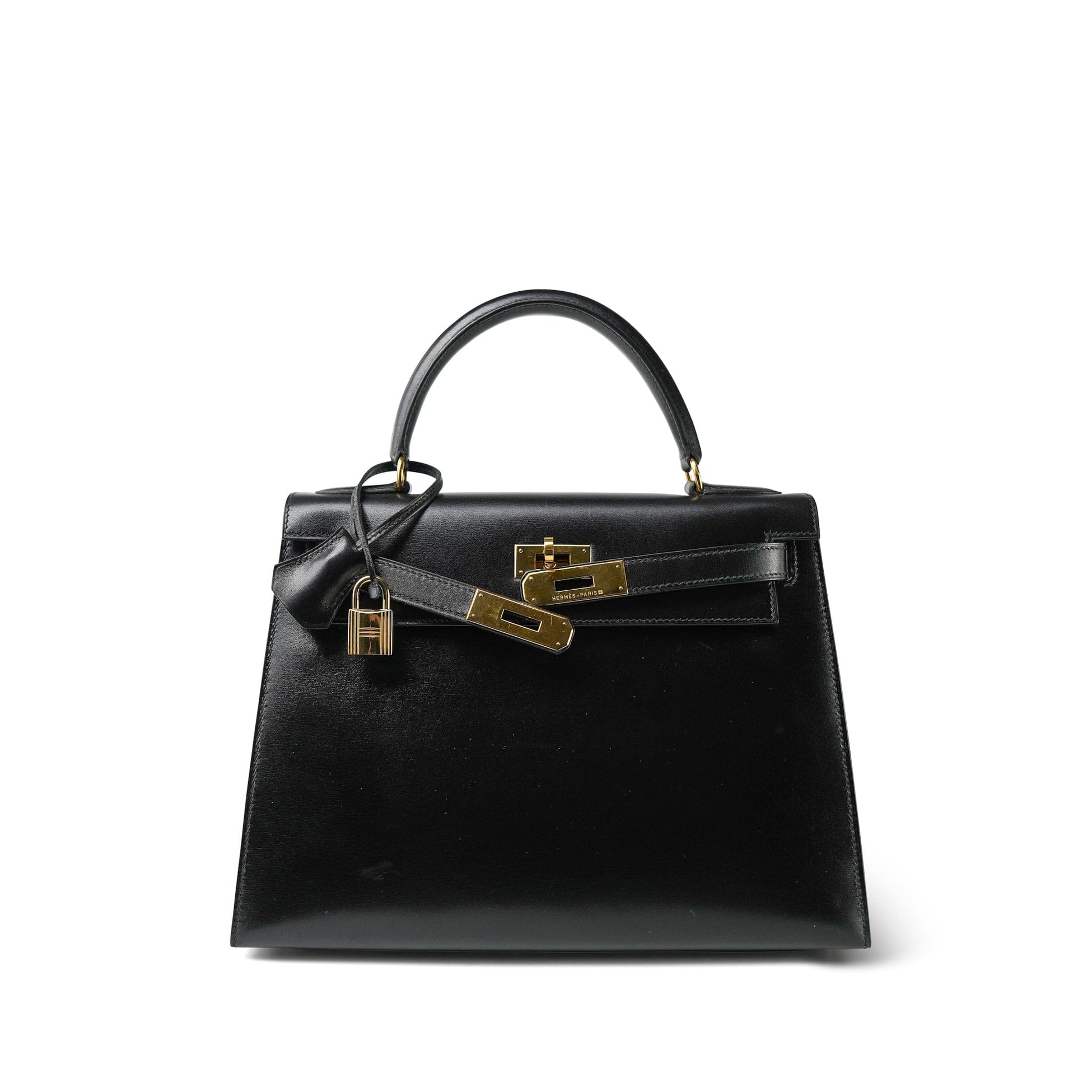 Kelly 28 Sellier Black Box Calfskin Gold Plated Y Circle Stamp – REDELUXE