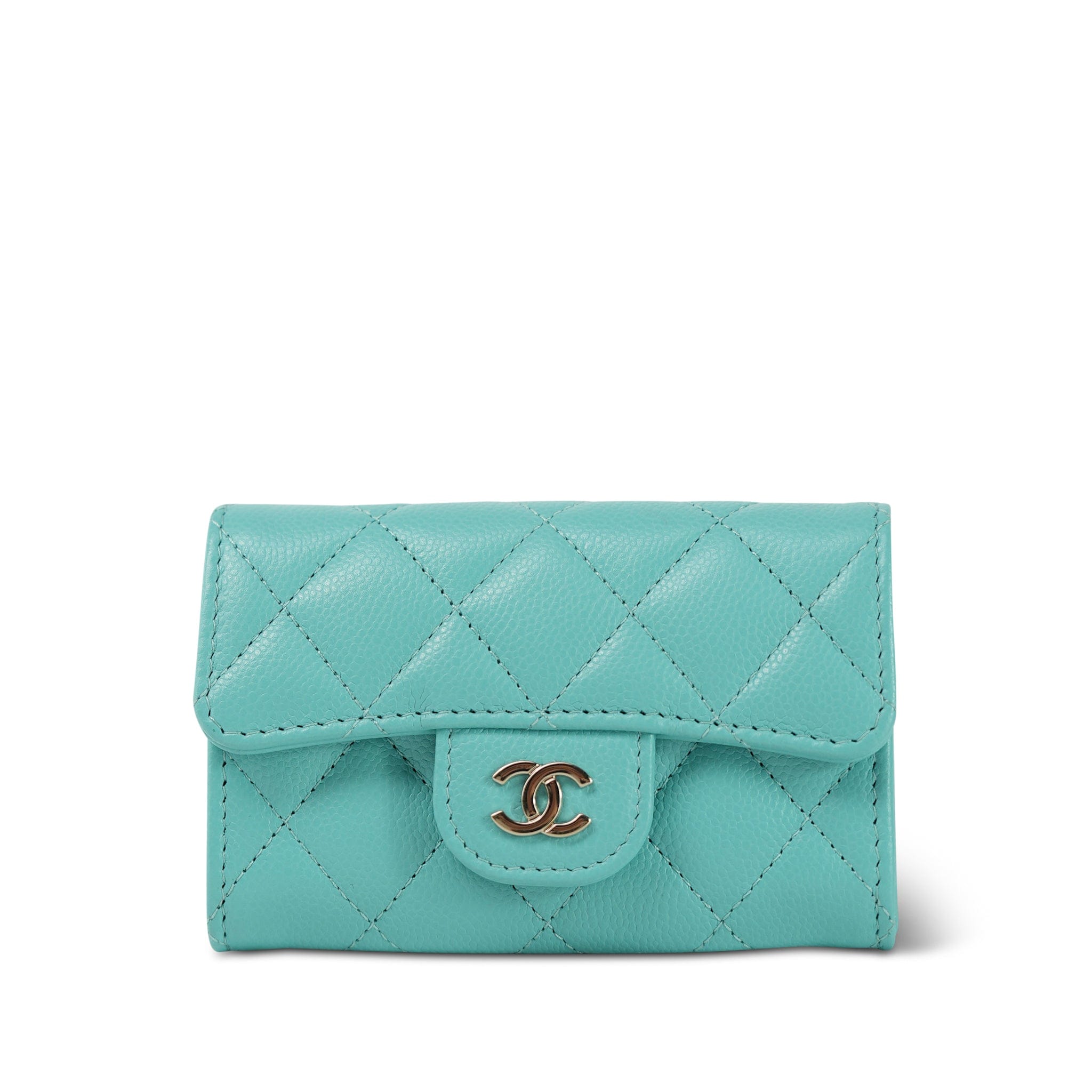24C Turquoise Caviar Quilted Card Holder Light Gold Hardware – REDELUXE