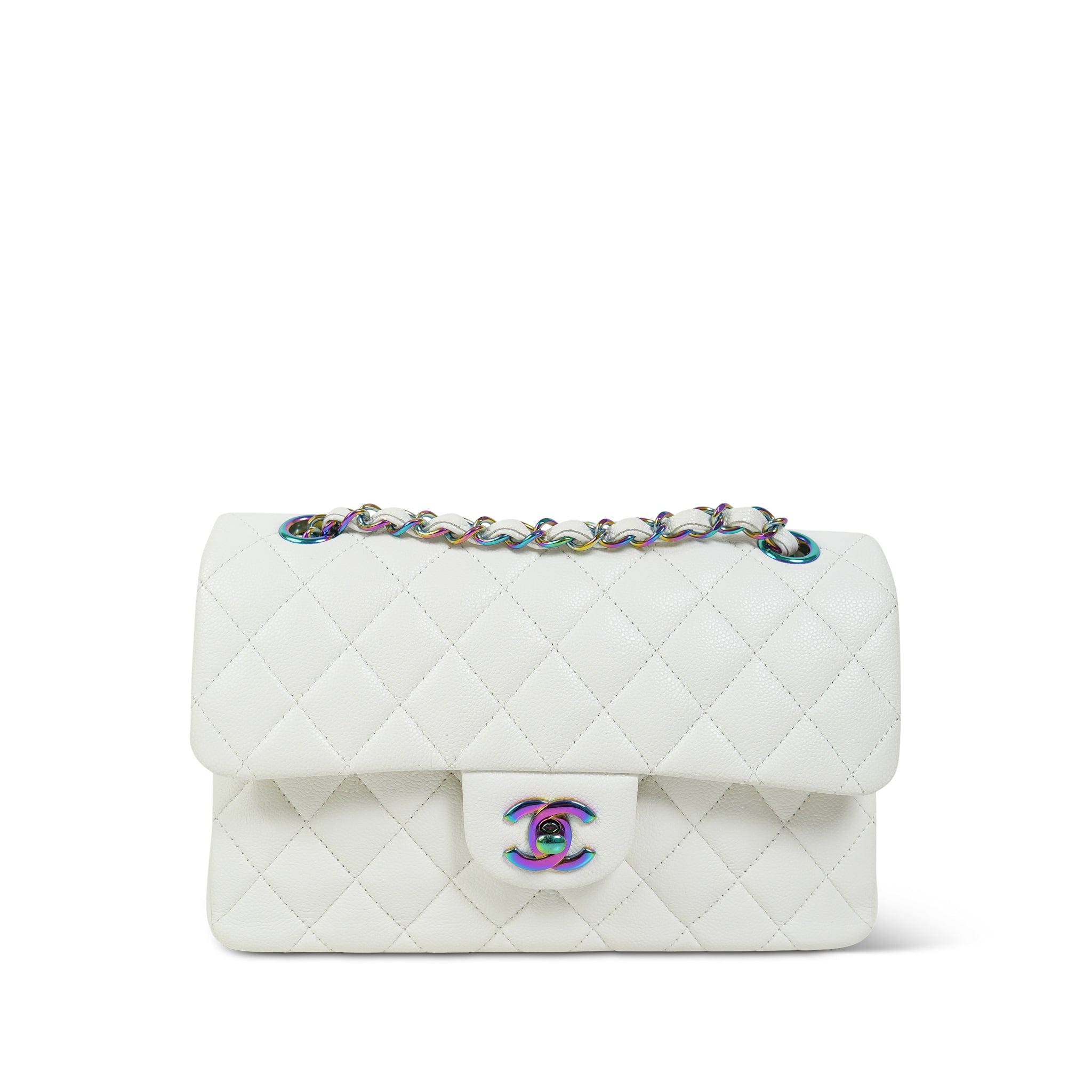 White Caviar Quilted Classic Flap Small Rainbow Hardware – REDELUXE