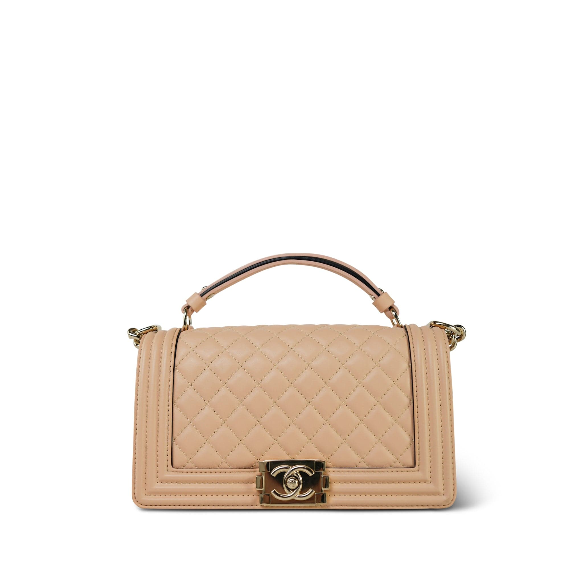 19S Beige Calfskin Quilted Top Handle Boy Bag Old Medium Light Gold Ha ...