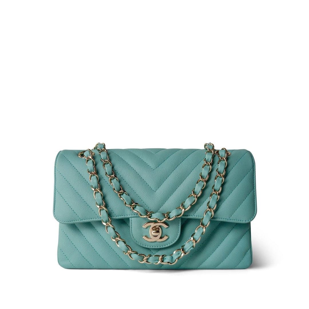 Tiffany Blue Caviar Chevron Quilted Classic Flap Small LGHW – REDELUXE