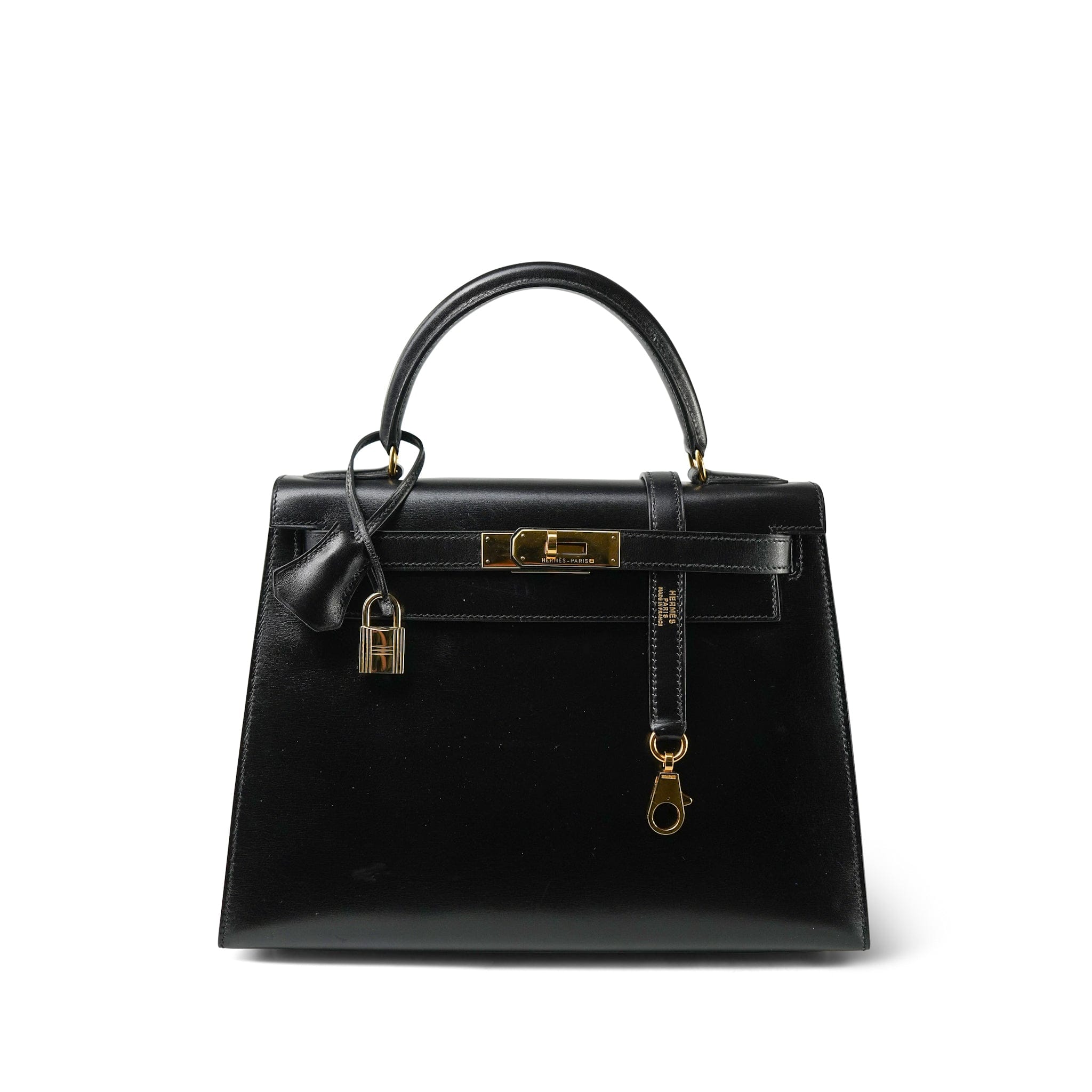 Kelly 28 Sellier Black Box Calfskin Gold Plated Y Circle Stamp – REDELUXE