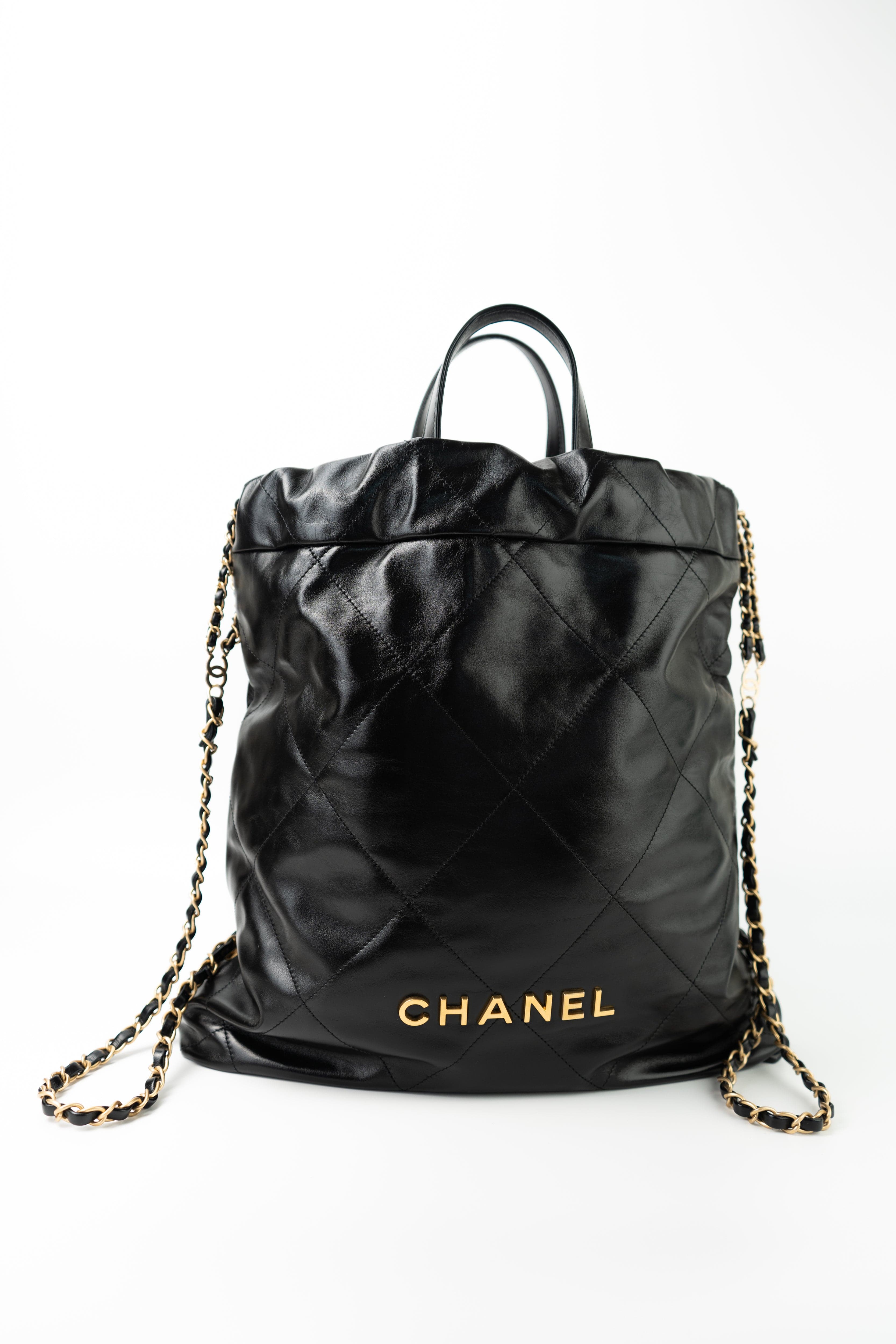 Buy CHANEL 22S Black Calfskin 22 Backpack with Aged Gold Hardware ...