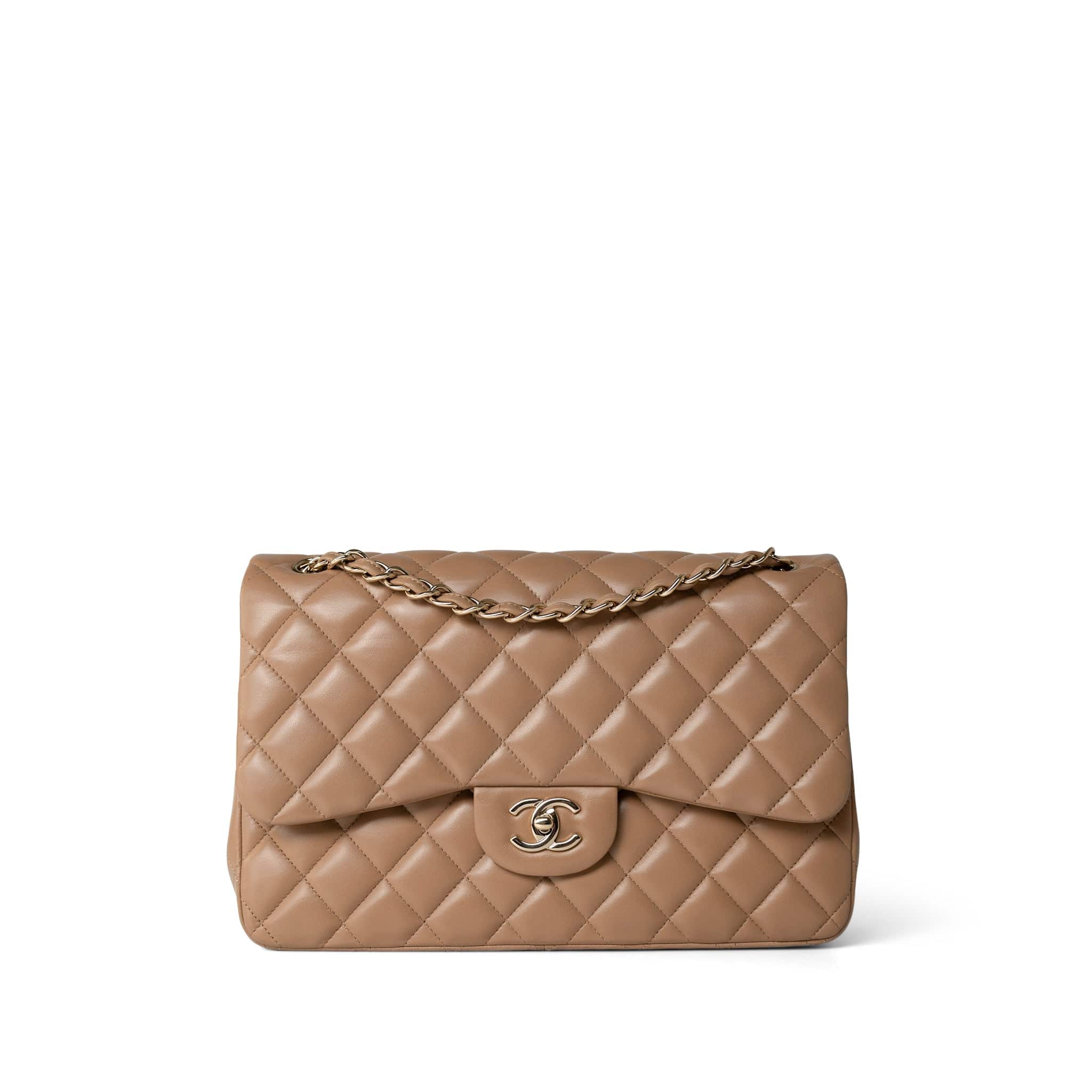 Dark Beige / Caramel Lambskin Quilted Jumbo Classic Flap Light Gold Ha ...