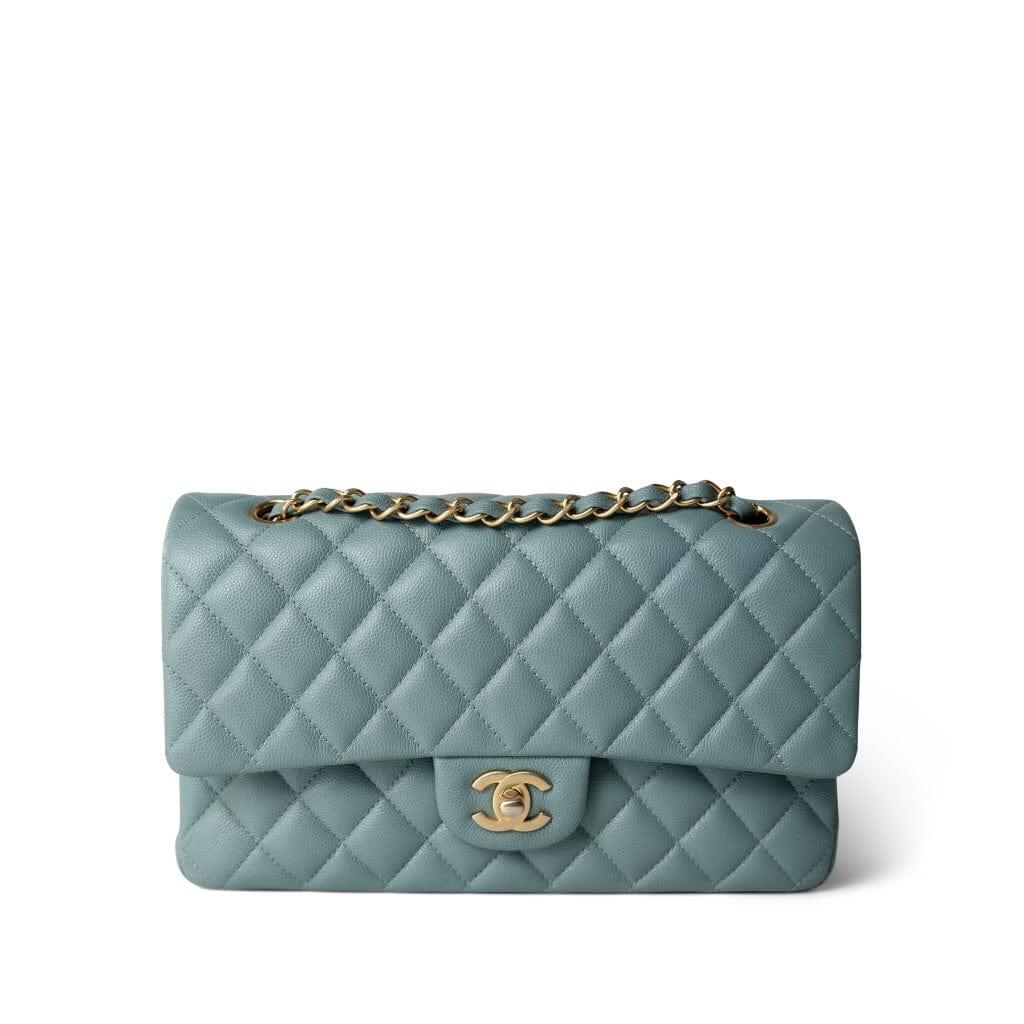 18C Pearly Light Blue Caviar Quilted Classic Flap Medium Antique Gold ...